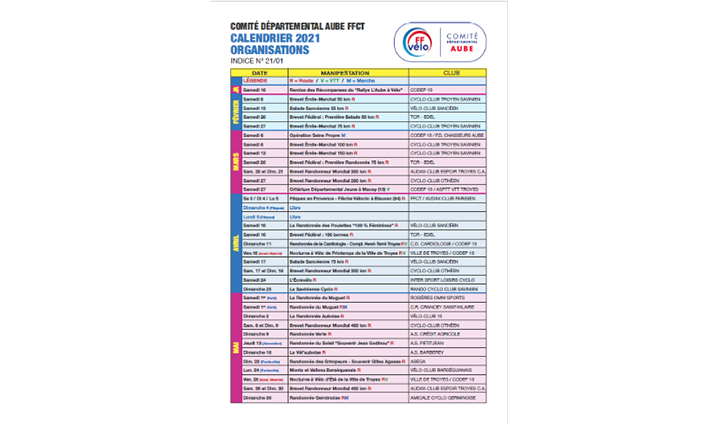 Calendriers – Comité départemental de Cyclotourisme
